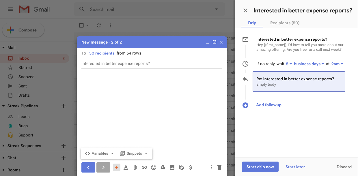 Send a mail merge with automatic follow-up sequences in Gmail - Streak